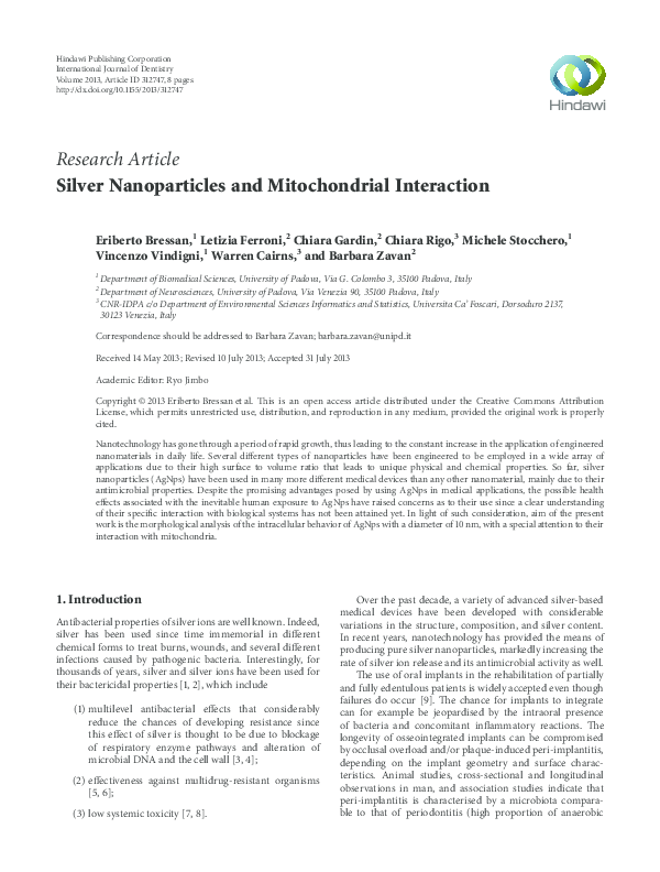 (PDF) Silver Nanoparticles and Mitochondrial Interaction