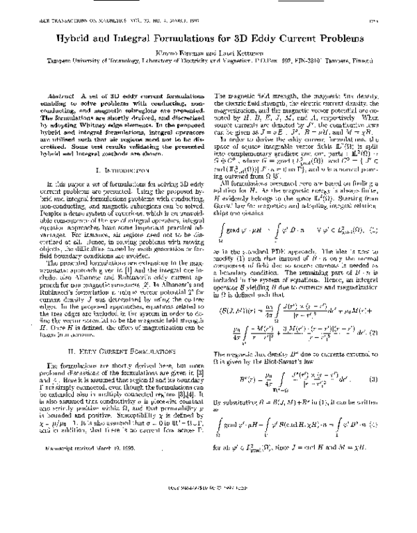 (PDF) Hybrid and integral formulations for 3D eddy current problems