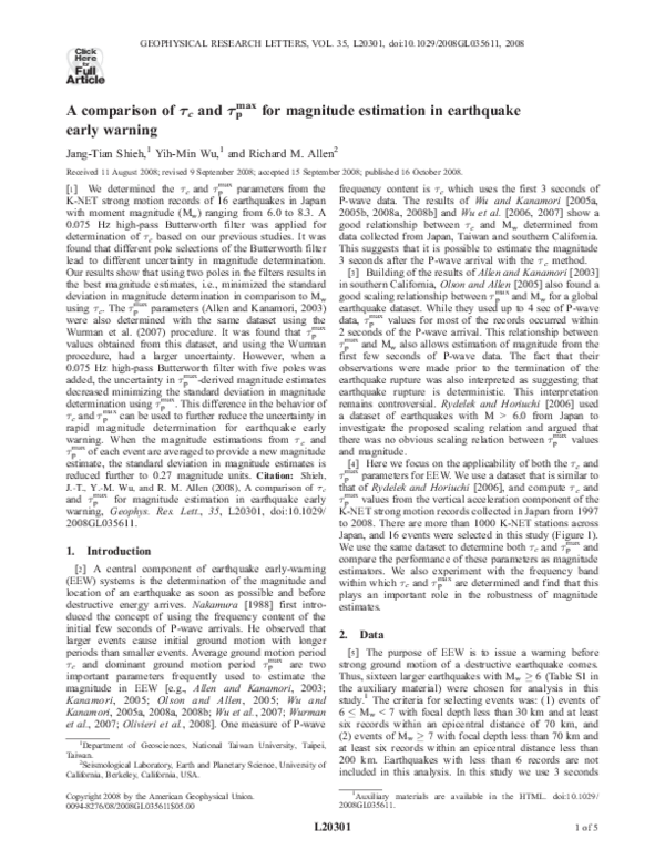 Pdf A Comparison Of τ C And τ P Max For Magnitude Estimation In