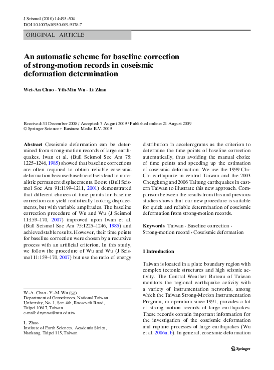 Pdf An Automatic Scheme For Baseline Correction Of Strong Motion Records In Coseismic