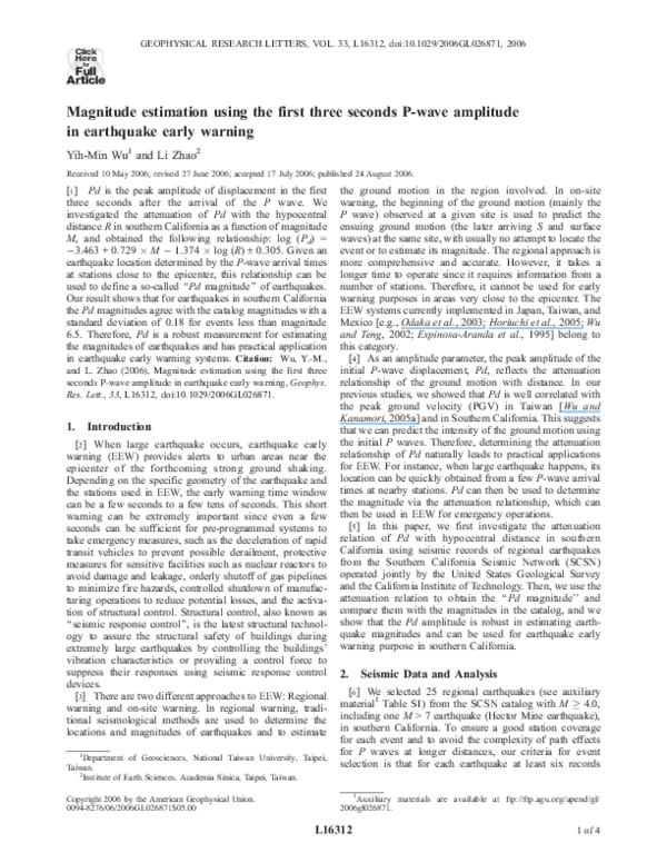 Pdf Magnitude Estimation Using The First Three Seconds P Wave Amplitude In Earthquake Early