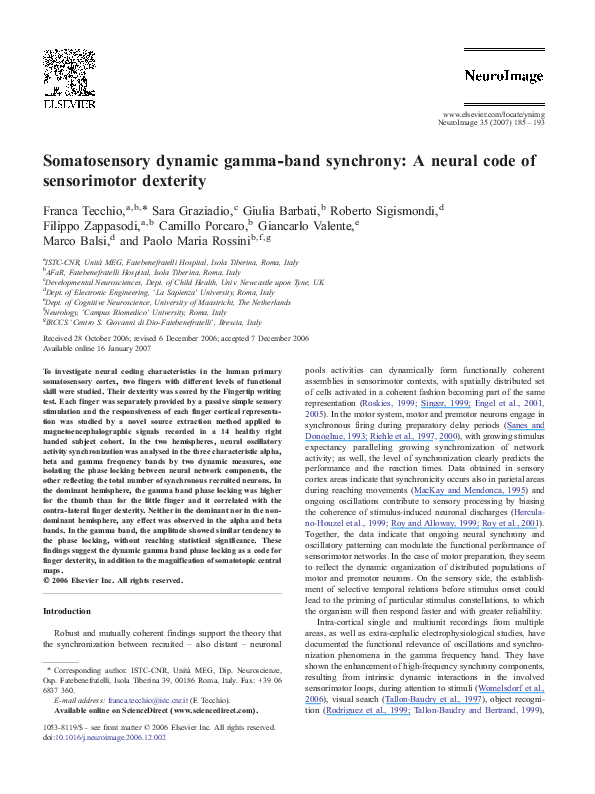(PDF) Somatosensory dynamic gamma-band synchrony: a neural code of sensorimotor dexterity