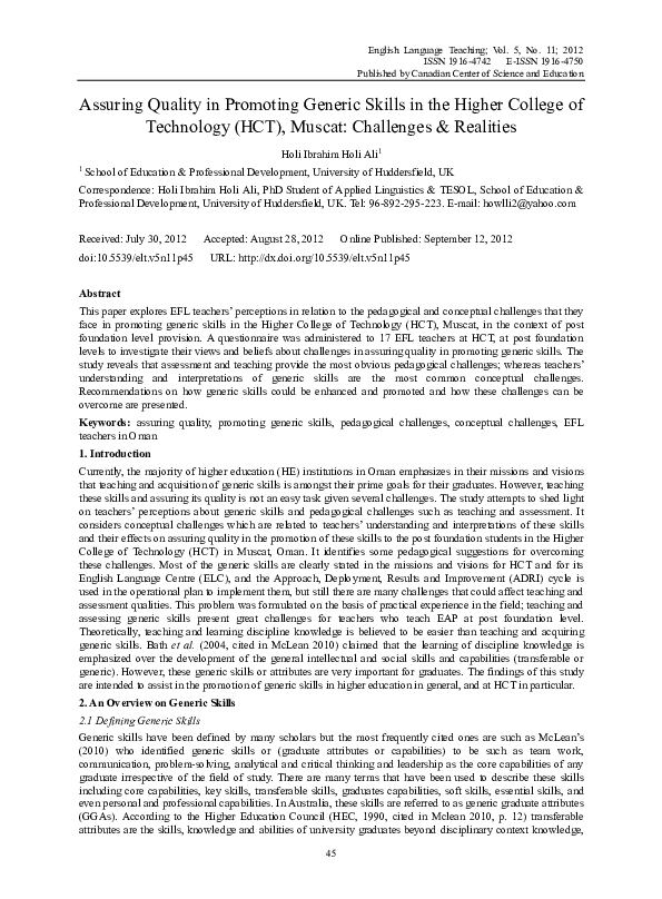 (PDF) Assuring Quality in Promoting Generic Skills in the Higher ...