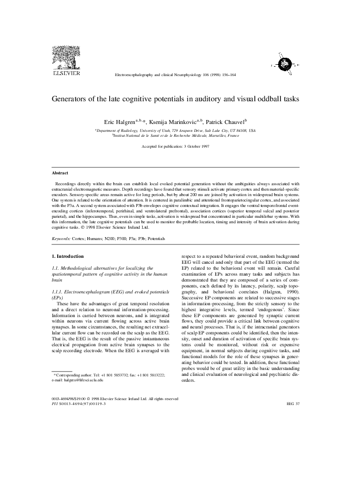 (PDF) Generators of the late cognitive potentials in auditory and visual oddball tasks