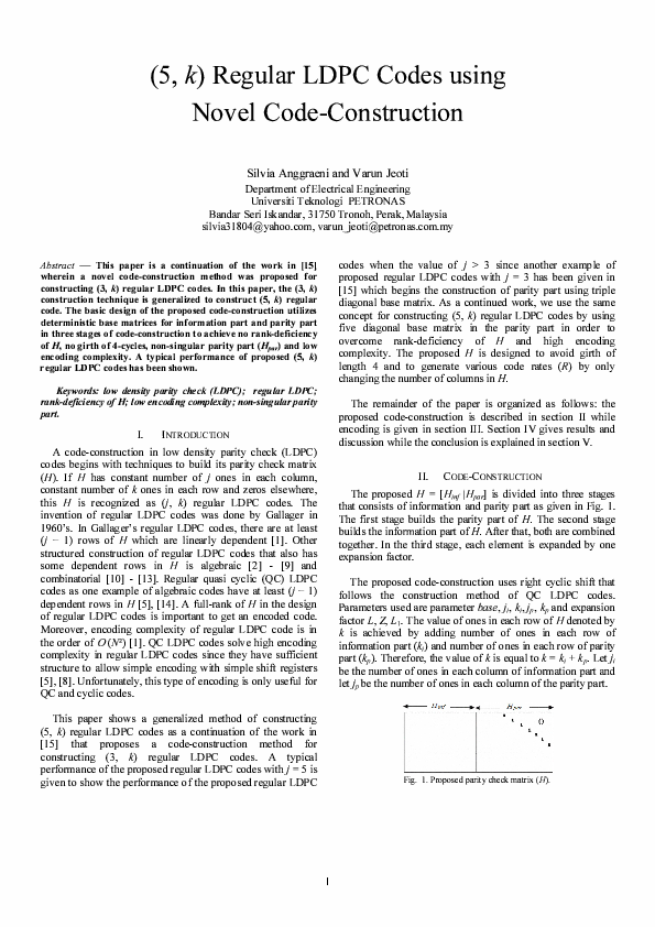 (PDF) (5, k) regular LDPC codes using novel code-construction