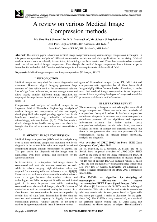 (PDF) A review on various Medical Image Compression methods