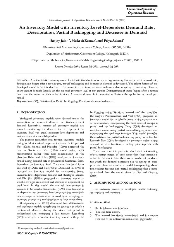 Pdf An Inventory Model With Inventory Level Dependent Demand Rate Deterioration Partial