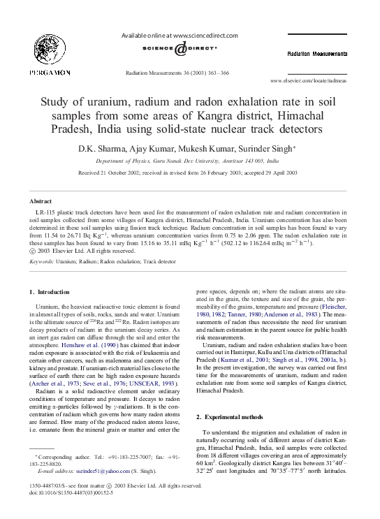 (PDF) Study of Uranium, Radium and Radon Exhalation Rate In Soil Samples From Some Areas of ...