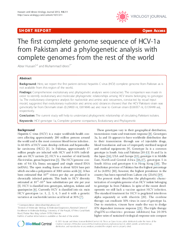 (PDF) The first complete genome sequence of HCV-1a from Pakistan and a ...