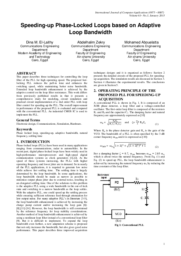Pdf Speeding Up Phase Locked Loops Based On Adaptive Loop Bandwidth Abdelhalim Zekry