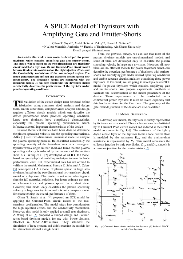 (PDF) SPICE model of thyristors with amplifying gate and emitter-shorts