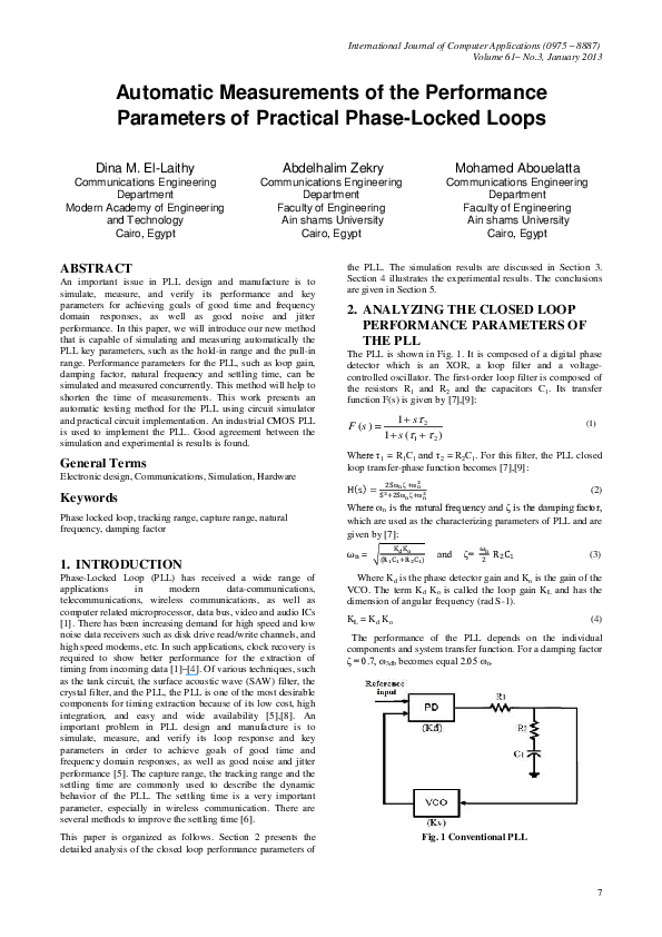 (PDF) Automatic Measurements of the Performance Parameters of Practical Phase-Locked Loops