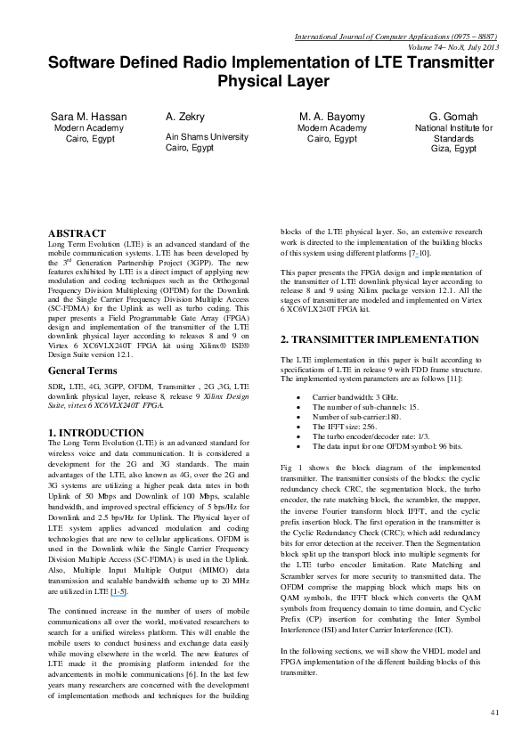 (PDF) Software Defined Radio Implementation of LTE Transmitter Physical Layer