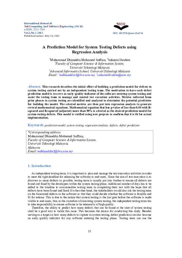 Pdf A Prediction Model For System Testing Defects Using Regression