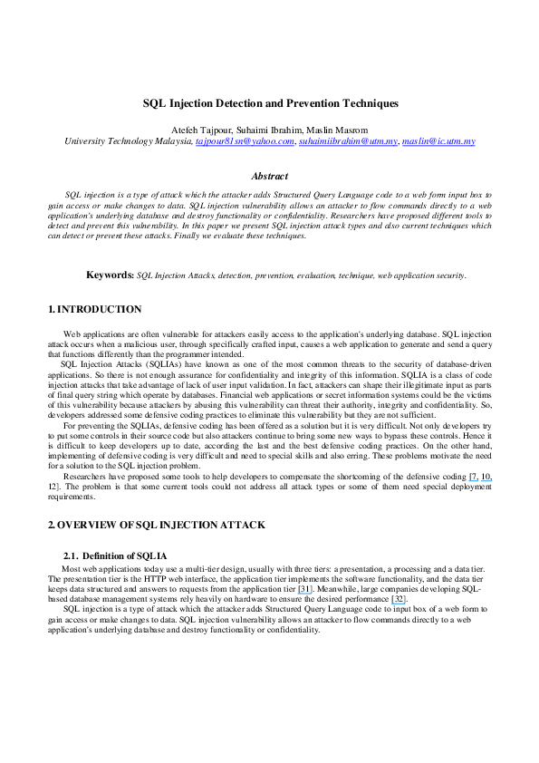 Pdf Sql Injection Detection And Prevention Techniques