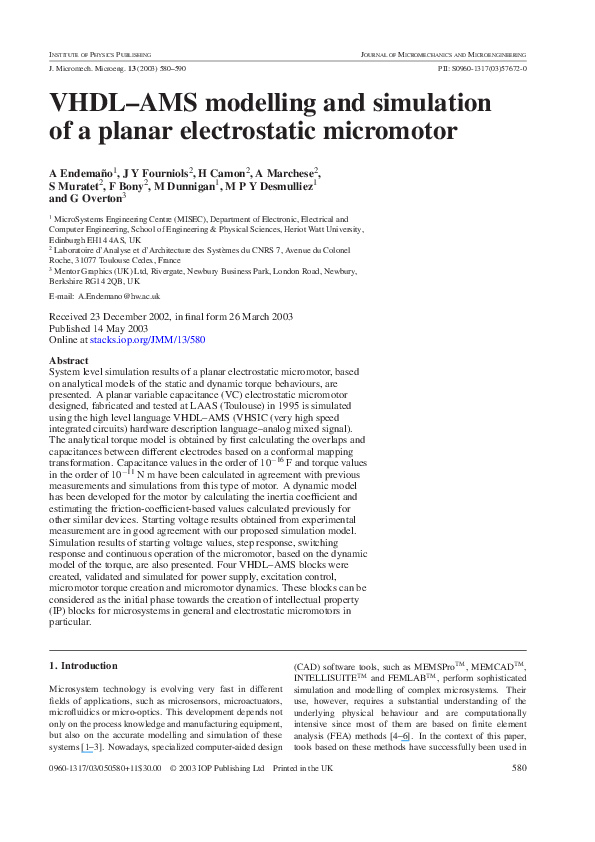 (PDF) VHDL–AMS modelling and simulation of a planar electrostatic micromotor