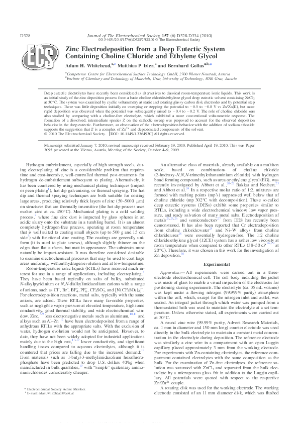 (PDF) Zinc Electrodeposition from a Deep Eutectic System Containing Choline Chloride and ...
