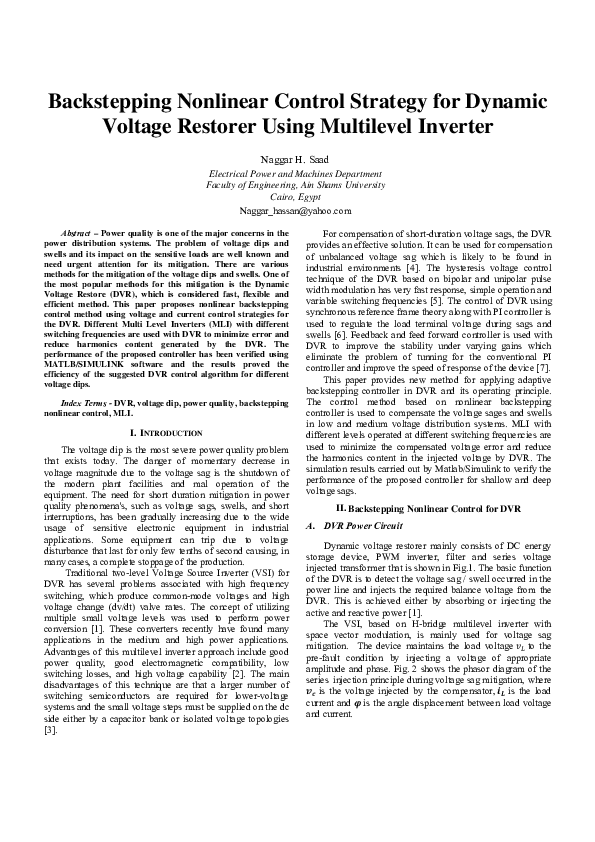 (PDF) Backstepping Nonlinear Control Strategy for Dynamic Voltage Restorer Using Multilevel Inverter