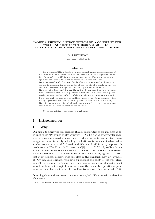 (PDF) LAMBDA THEORY : INTRODUCTION OF A CONSTANT FOR " NOTHING " INTO SET THEORY, A MODEL OF ...