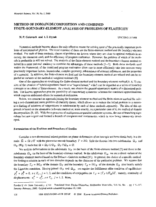Pdf Method Of Domain Decomposition And Combined Finite Boundary Element Analysis Of Problems