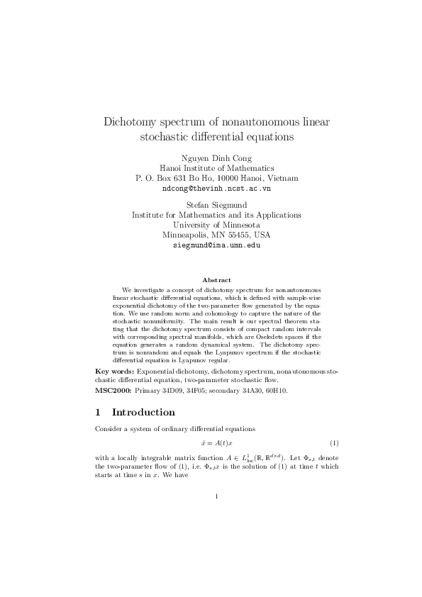 (PDF) DICHOTOMY SPECTRUM OF NONAUTONOMOUS LINEAR STOCHASTIC DIFFERENTIAL EQUATIONS
