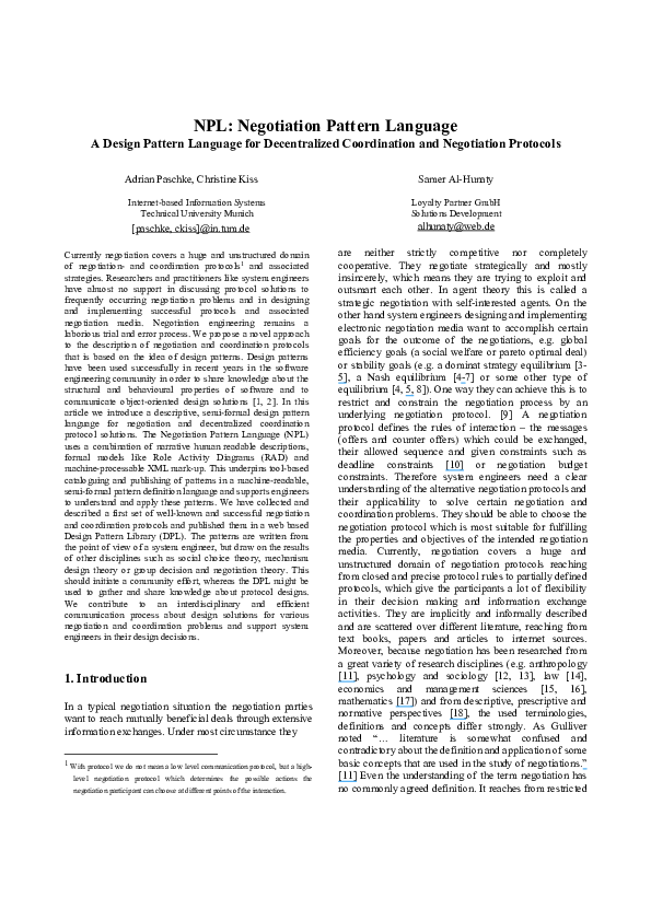 (PDF) A Pattern Language for Decentralized Coordination and Negotiation Protocols