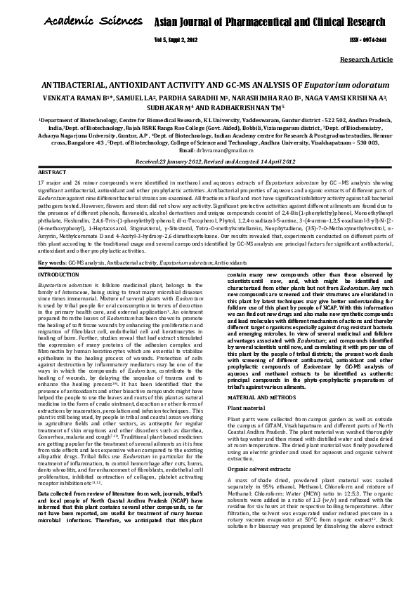 (PDF) ANTIBACTERIAL, ANTIOXIDANT ACTIVITY AND GC-MS ANALYSIS OF Eupatorium odoratum
