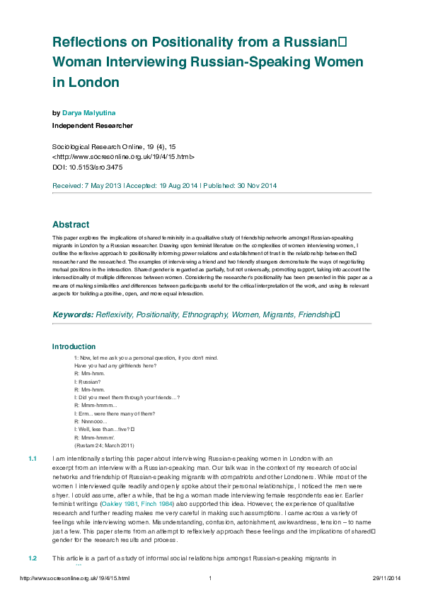 Reflections on Positionality from a Russian Woman Interviewing Russian-Speaking Women in London