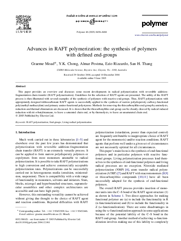 (PDF) Advances in RAFT polymerization : the synthesis of polymers with ...
