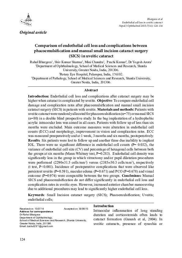 (PDF) Comparison of endothelial cell loss and complications between phacoemulsification and ...