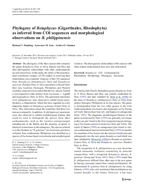 (PDF) Phylogeny of Betaphycus (Gigartinales, Rhodophyta) as inferred ...