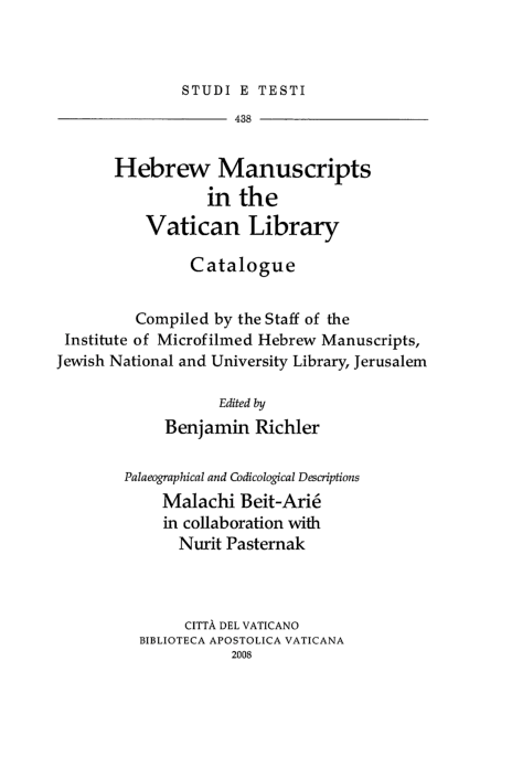 (PDF) Hebrew manuscripts in the Vatican Library (Studi e testi, 438)