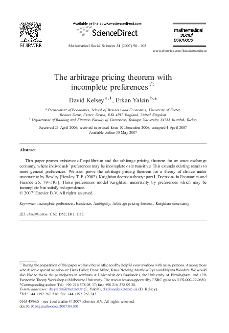 (PDF) The Arbitrage Pricing Theorem With Incomplete Preferences