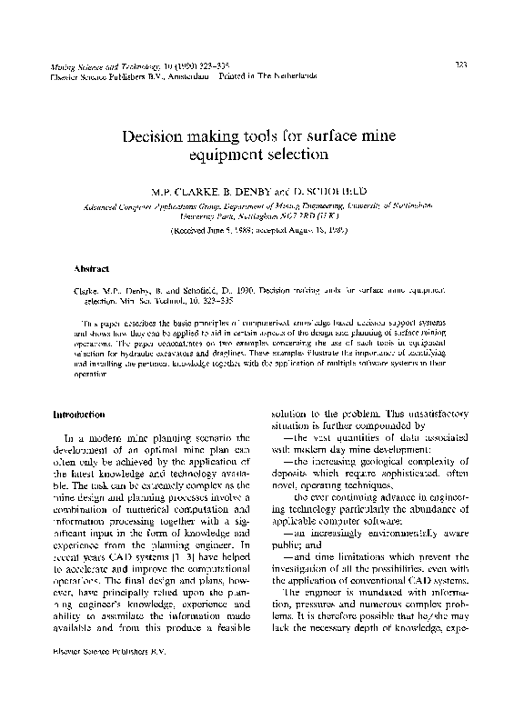 (PDF) Decision making tools for surface mine equipment selection