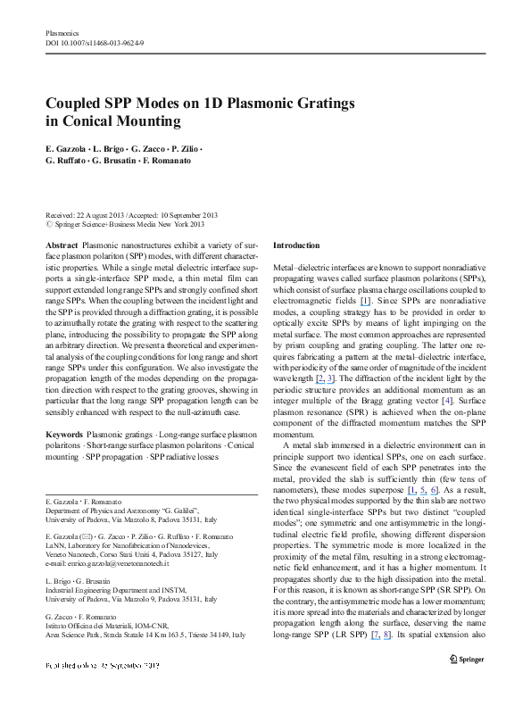 (PDF) Coupled SPP Modes on 1D Plasmonic Gratings in Conical Mounting