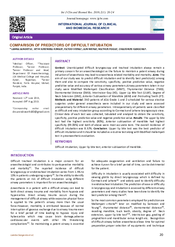 (PDF) COMPARISON OF PREDICTORS OF DIFFICULT INTUBATION