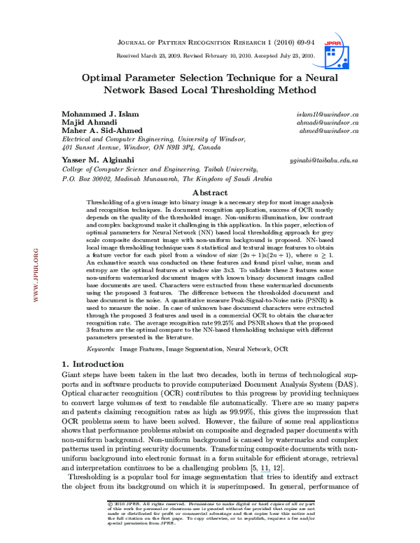 Pdf Optimal Features For Neural Network Thresholding
