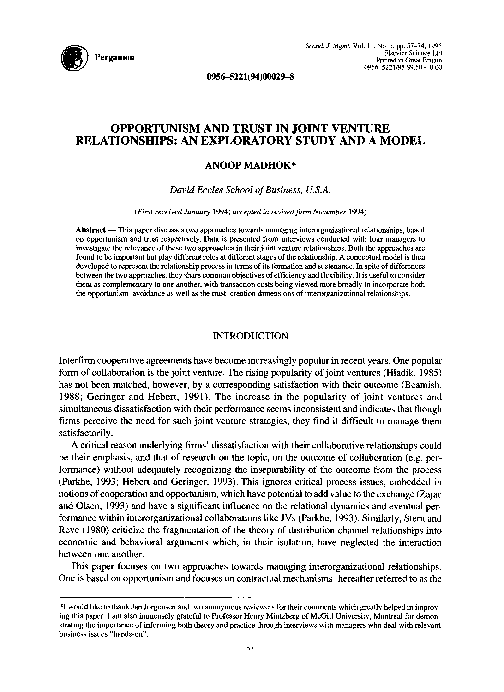 (PDF) Opportunism and trust in joint venture relationships: an ...