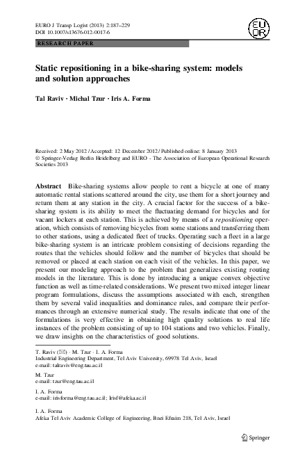 (PDF) Static repositioning in a bike-sharing system: models and solution approaches