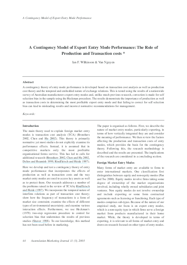 (PDF) A contingency model of export entry mode performance: The role of ...