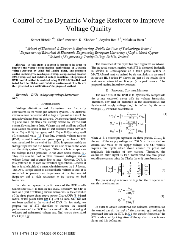 (PDF) Control of the Dynamic Voltage Restorer to improve voltage quality