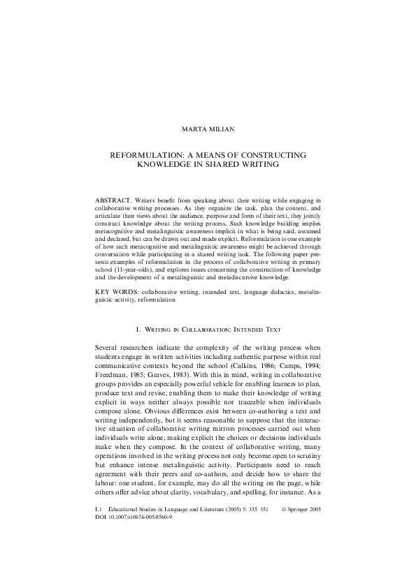 Pdf Reformulation A Means Of Constructing Knowledge In Shared Writing