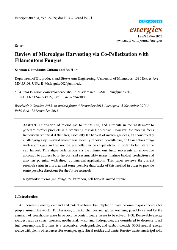 (PDF) Review of Microalgae Harvesting via Co-Pelletization with Filamentous Fungus