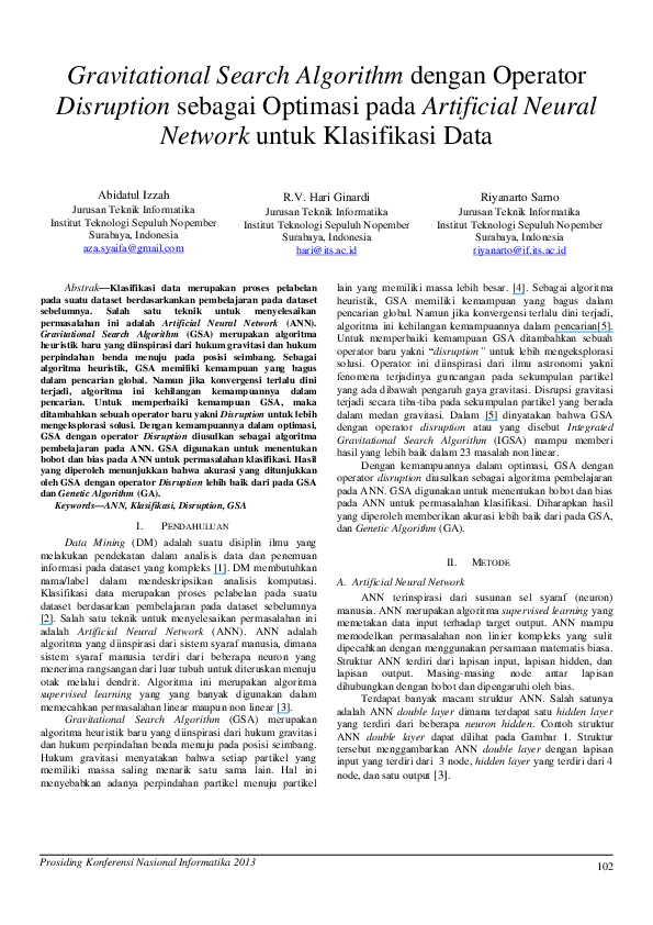 Pdf Gravitational Search Algorithm Dengan Operator Disruption Sebagai Optimasi Pada Artificial