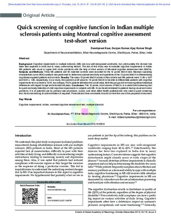 (PDF) Quick screening of cognitive function in Indian multiple sclerosis patients using Montreal ...