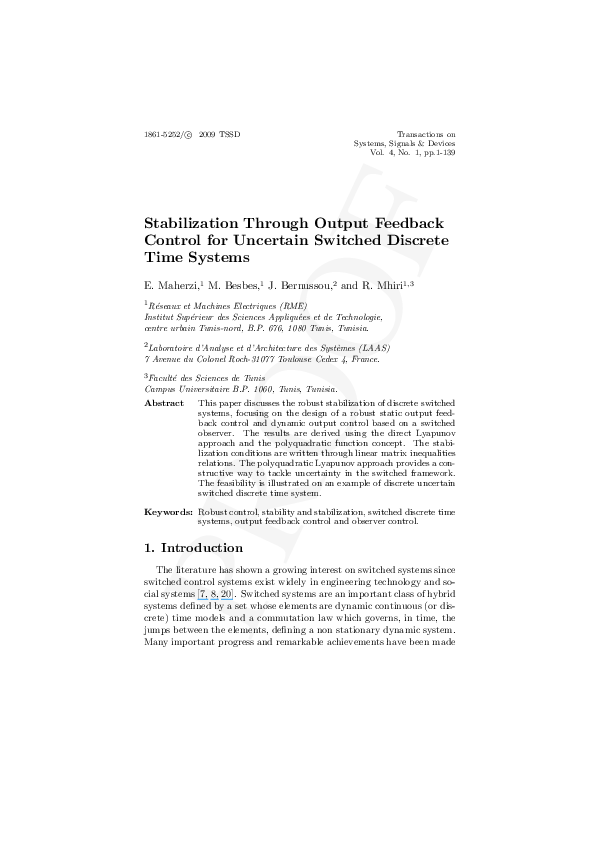 (PDF) Stabilization Through Output Feedback Control for Uncertain Switched Discrete Time Systems