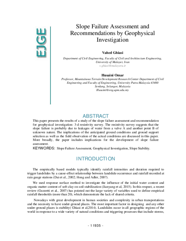 (PDF) Slope Failure Assessment and Recommendations by Geophysical ...