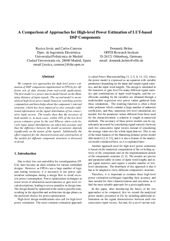 (PDF) A Comparison of Approaches for High-Level Power Estimation of LUT-Based DSP Components