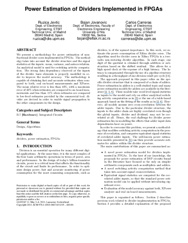 (PDF) Power estimation of dividers implemented in FPGAs | Ruzica Jevtic - Academia.edu