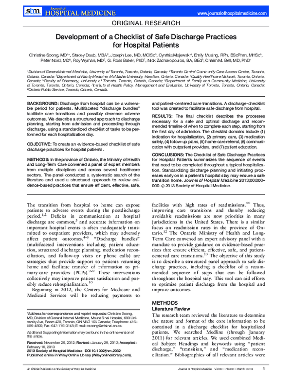 (PDF) Development of a checklist of safe discharge practices for ...